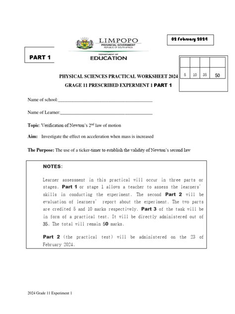 2024 Vhembe West Physical Sciences Grade 11 Experiment 1 Newton 2nd Law Of Motion 1 Pdf