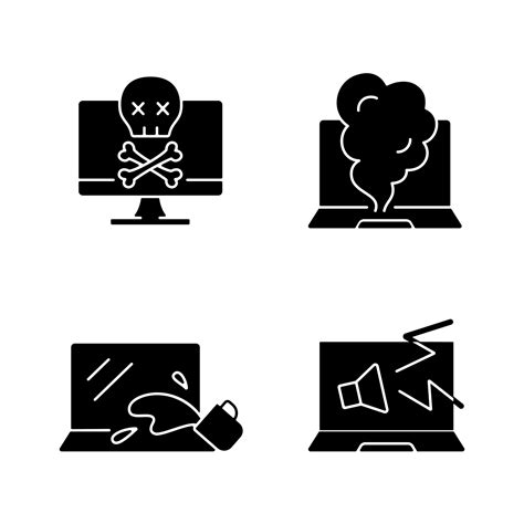 Broken Laptop Black Glyph Icons Set On White Space Water Damage Symptoms In Hardware Notebook