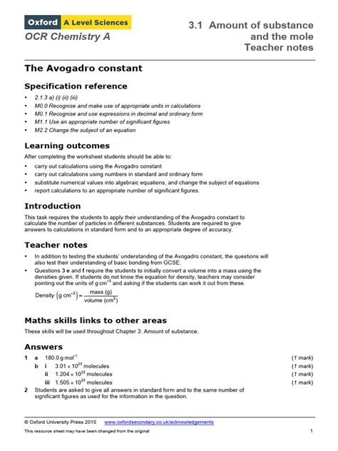 3 1 The Avogadro Constant Teacher Pdf Mole Unit Molecules