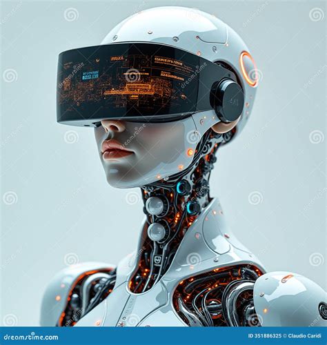 Female Robot Model Wearing A Futuristic Virtual Reality Headset Stock Illustration