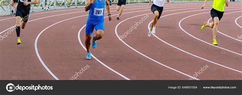Group Male Runners Running Track Stadium Sprint Race Athletics