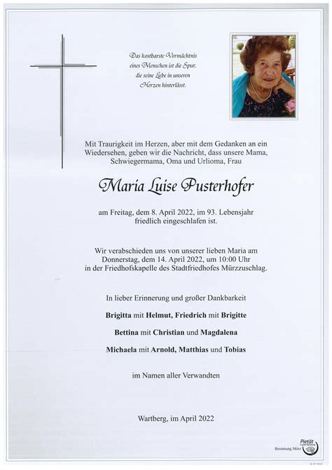 Maria Luise Pusterhofer • Bestattung Mürzzuschlag