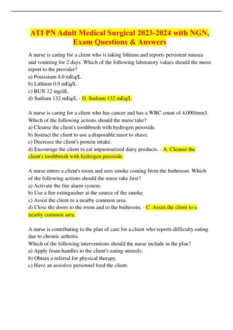 Ati Pn Adult Medical Surgical With Ngn Exam Questions And Answers Ati