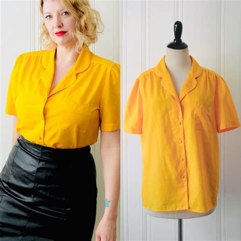 Bright Sunshine Yellow 70s Secretary Blouse With Scalloped Pocket And