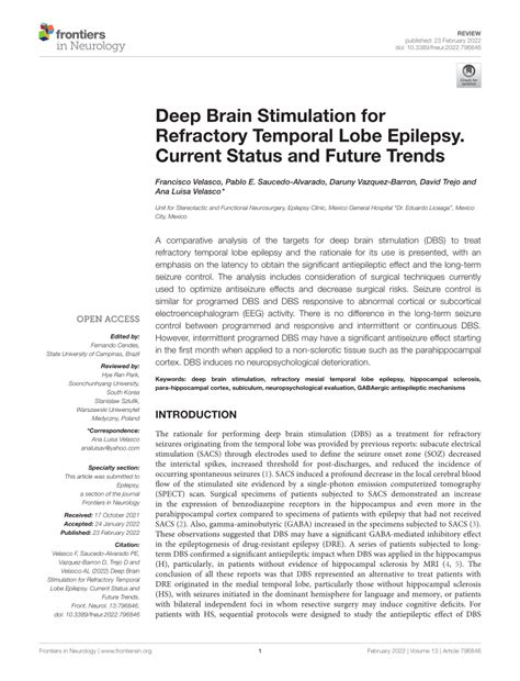 Pdf Deep Brain Stimulation For Refractory Temporal Lobe Epilepsy Current Status And Future Trends