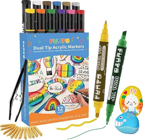 Amazon.com: Funto Dual Tip Acrylic Paint Markers, 12 Colors 3 Tips Set with Extra Fine, Round ...