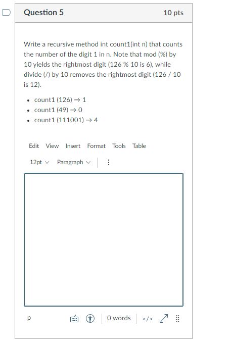 solved question 5 10 pts write a recursive method int