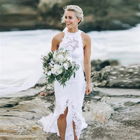 Lorie Lace Beach Wedding Dresses Halter Mermaid Sexy Custom Made Bridal