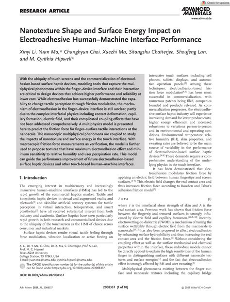 Pdf Electroadhesion‐based Haptics Nanotexture Shape And Surface