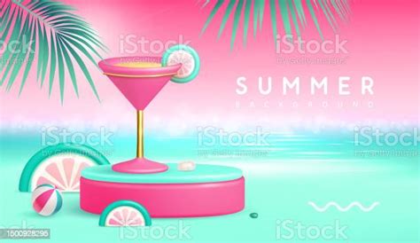 3d 무대와 코스모폴리안 칵테일이 있는 여름 해변 배경 화려한 여름 풍경입니다 벡터 그림 0명에 대한 스톡 벡터 아트 및 기타 이미지 Istock