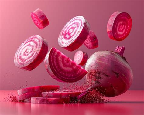 Sliced Red Beetroot In Mid Air On A Vibrant Pink Background Fresh