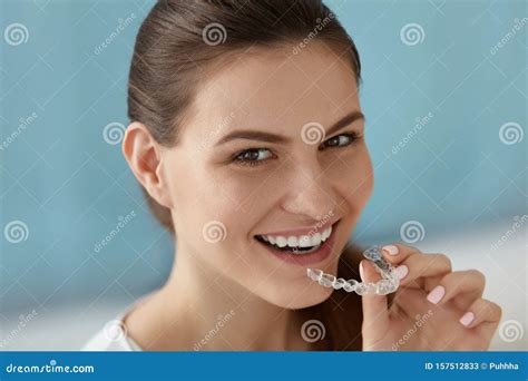 Dental Care Smiling Woman Using Removable Clear Teeth Braces Stock Image Image Of Correction