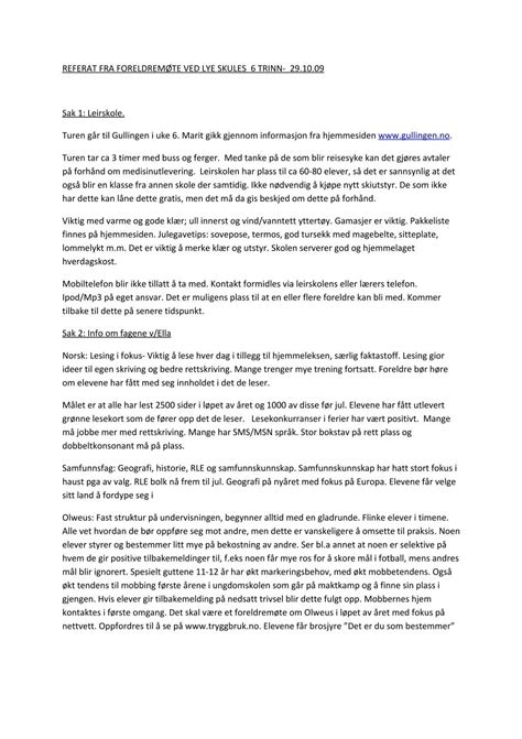 Referat Fra ForeldremØte Ved Lye Skules Minskoleno