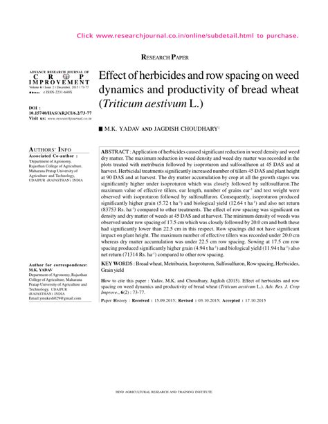 Pdf Effect Of Herbicides And Row Spacing On Weed Dynamics And