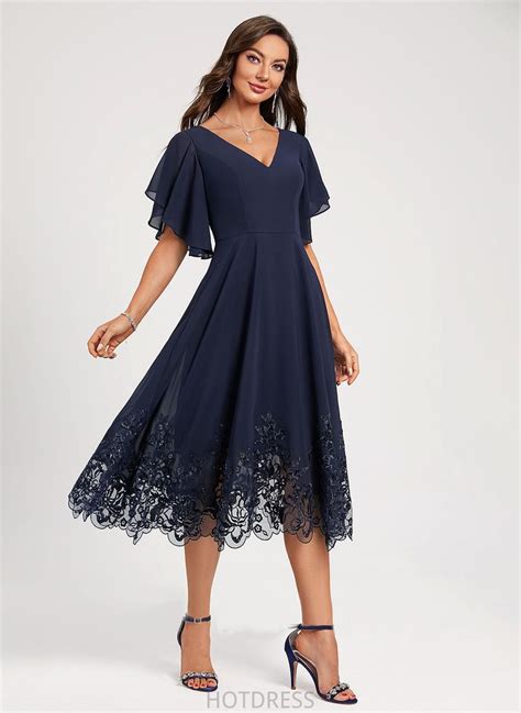 Dress V Neck With Cocktail Dresses Lilian Cocktail A Line Tea Length