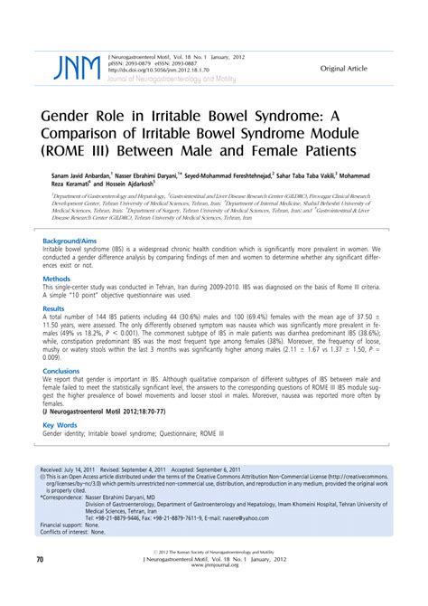 Pdf Gender Role In Irritable Bowel Syndrome A Comparison Of