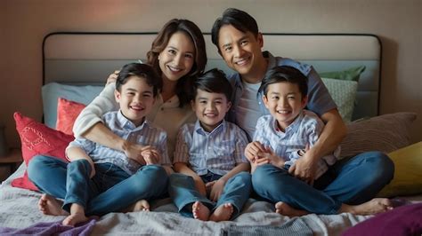 Premium Photo The Mother Father And Sons Sitting On The Bed