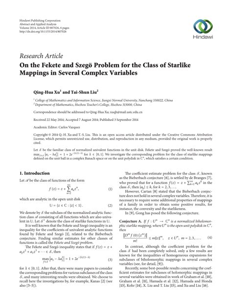 Pdf On The Fekete And Szegö Problem For The Class Of Starlike Mappings In Several Complex