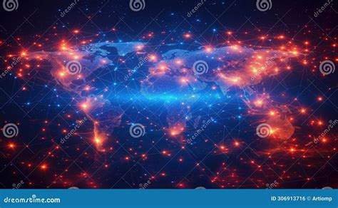 World Map In Neon Colors With Connections Stock Illustration