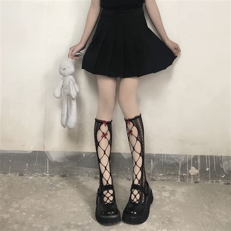 洛丽塔袜子女夏季镂空绑带日系渔网中筒袜蝴蝶结软妹薄款黑色丝袜 阿里巴巴