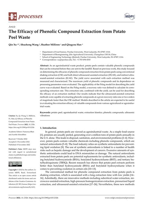Pdf The Efficacy Of Phenolic Compound Extraction From Potato Peel Waste