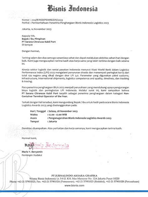 Surat Pemberitahuan Penerima Penghargaan Bisnis Indonesia Logistics