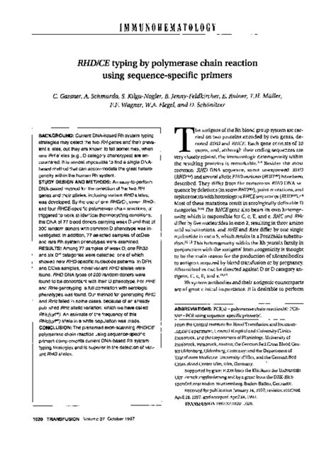 Pdf Rhdce Typing By Polymerase Chain Reaction Using Sequence