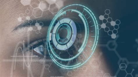 Animation Of Data Processing And Scope Scanning Over Eyes Of Caucasian Woman Stock Footage