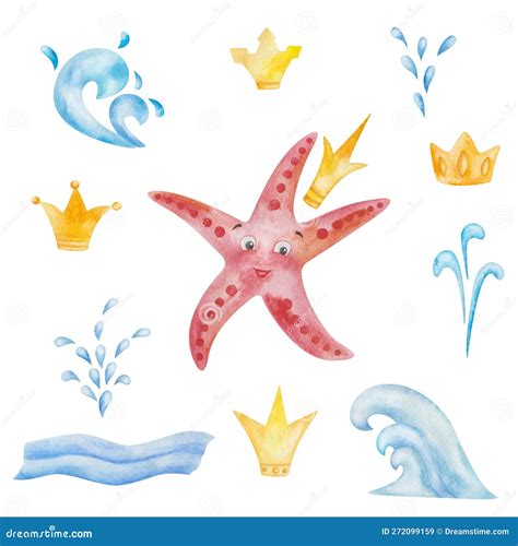 Watercolor Illustration Of Hand Painted Red Five Finger Starfish
