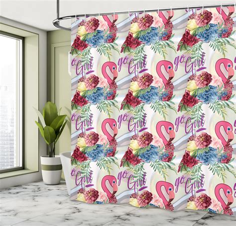 Ambesonne Emoji Shower Curtain Watercolor Floral Flamingos Eggshell