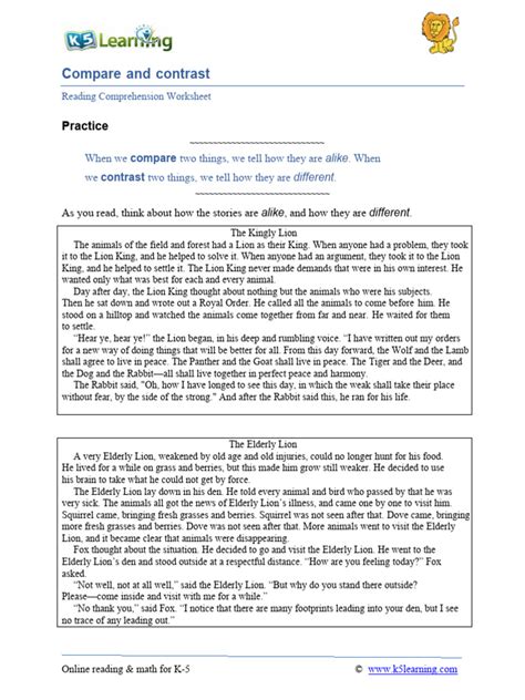 Grade 5 Compare Contrast A Pdf Lion