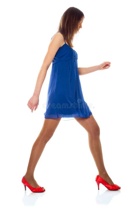 Young Woman With Blue Dress And Red Shoes Stock Image Image Of Body