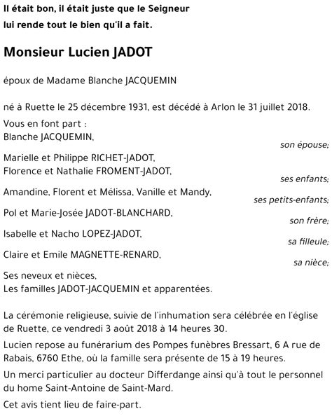 Avis De Décès De Lucien Jadot Décédé Le 31072018 à Arlon Annonce
