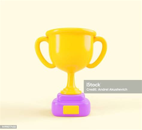 황금 컵 아이콘 3d 렌더링입니다 랭크 트로피 게임 1위 우승자상 보라색 받침대에 만화 금 잔 배경에 격리된 경쟁 성공에 대한 상금 또는 보상 1위에 대한 스톡 사진 및