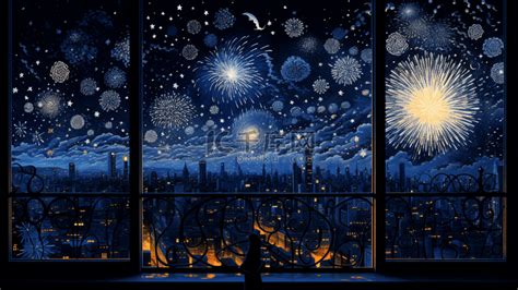 跨年夜窗外的烟花秀11插画图片 千库网