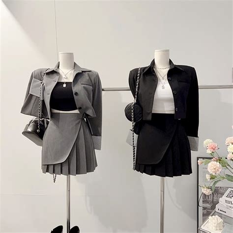 이프유마인 자켓스커트set페미닌 봄 요크 단가라 스트라이프 배색 소매 오버핏 카라 크롭 숏 자켓 밴딩 A라인 플레어 플리츠 랩 미니 스커트 투피스 세트 2color