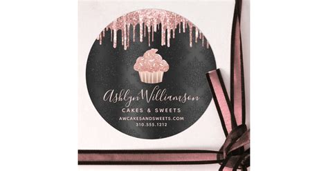 Rose Gold Cupcake Glitter Drips Bakery Black Chef Classic Round Sticker