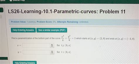 solved ls26 learning 10 1 parametric curves problem 11