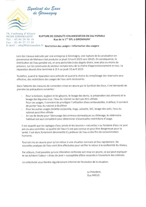 Noticias Recommandations ARS suite à rupture conduite d eau potable Noticias de illiwap de