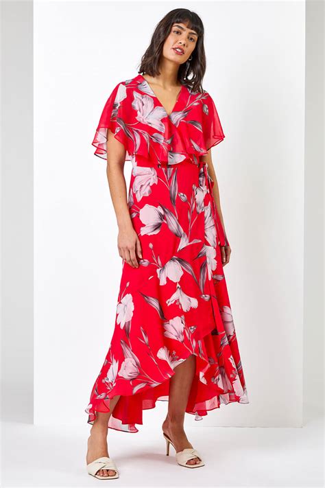 Floral Print Frill Cape Midi Dress In Pink Roman Originals Uk