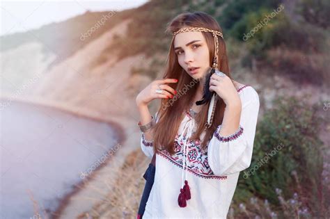 Boho Style Beautiful Sexy Girl With Fair Haired Hair Stands On The Background Of The Sea She