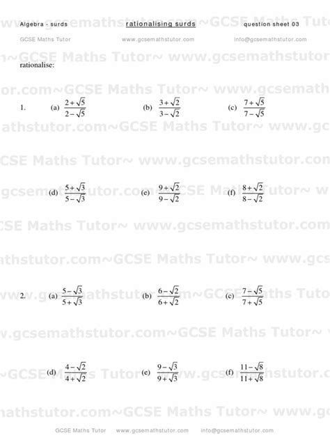 Gcse Maths Tutor Number Surds 3 Rationalisation Pdf Algebra Teaching Mathematics