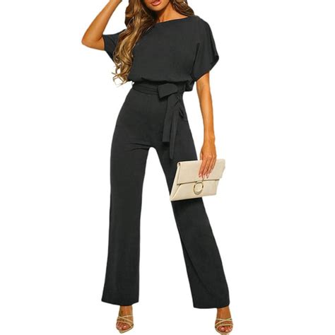 Lsfyszd Women Jumpsuit Elegant Short Sleeve Hollowed Waist Tie Solid