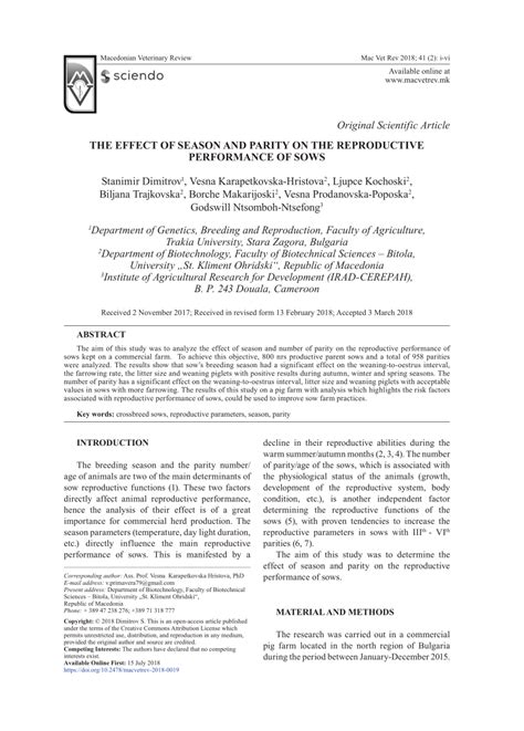 Pdf The Effect Of Season And Parity On The Reproductive Performance Of Sows
