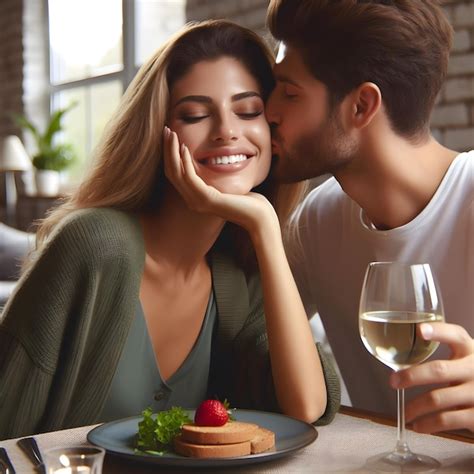 Premium Photo Happy Woman Enjoying At Dining Table While Being Kissed