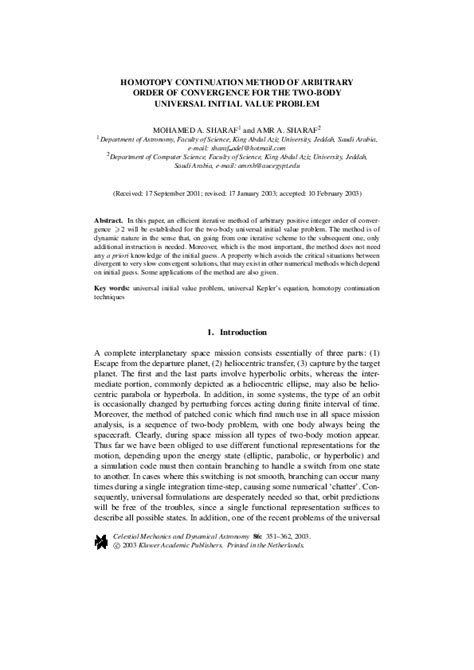 Pdf Homotopy Continuation Method Of Arbitrary Order Of Convergence For The Two Body Universal