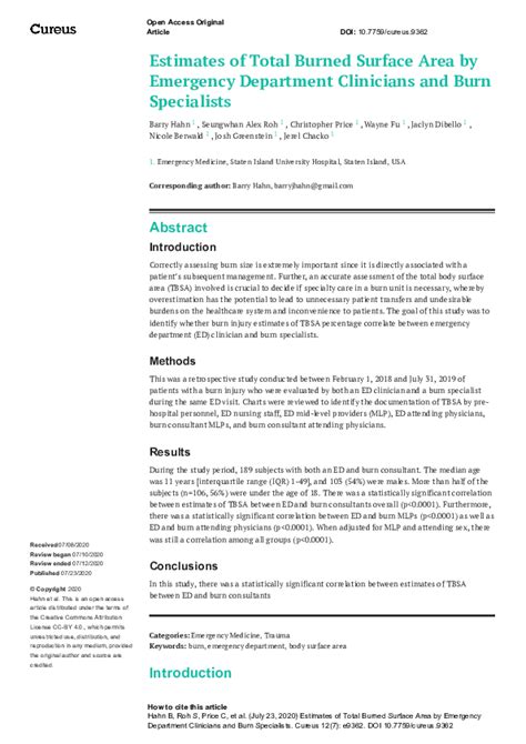Pdf Estimates Of Total Burned Surface Area By Emergency Department