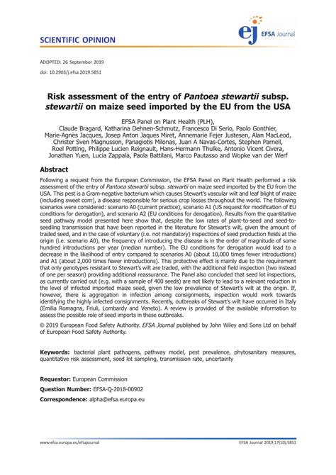 Pdf Risk Assessment Of The Entry Of Pantoea Stewartii Subsp