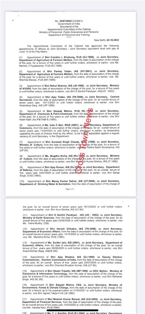 Centre Govt Orders Postings Of 35 Officers At Joint Secretary Level