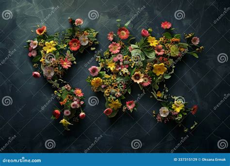 Flower Map A World Map Made Of Flowers On Dark Background Stock Image